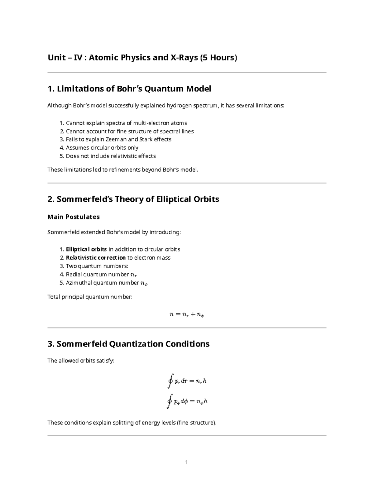 Unit IV: Atomic Physics & X-rays - Detailed Notes (5 Hours) - Studocu