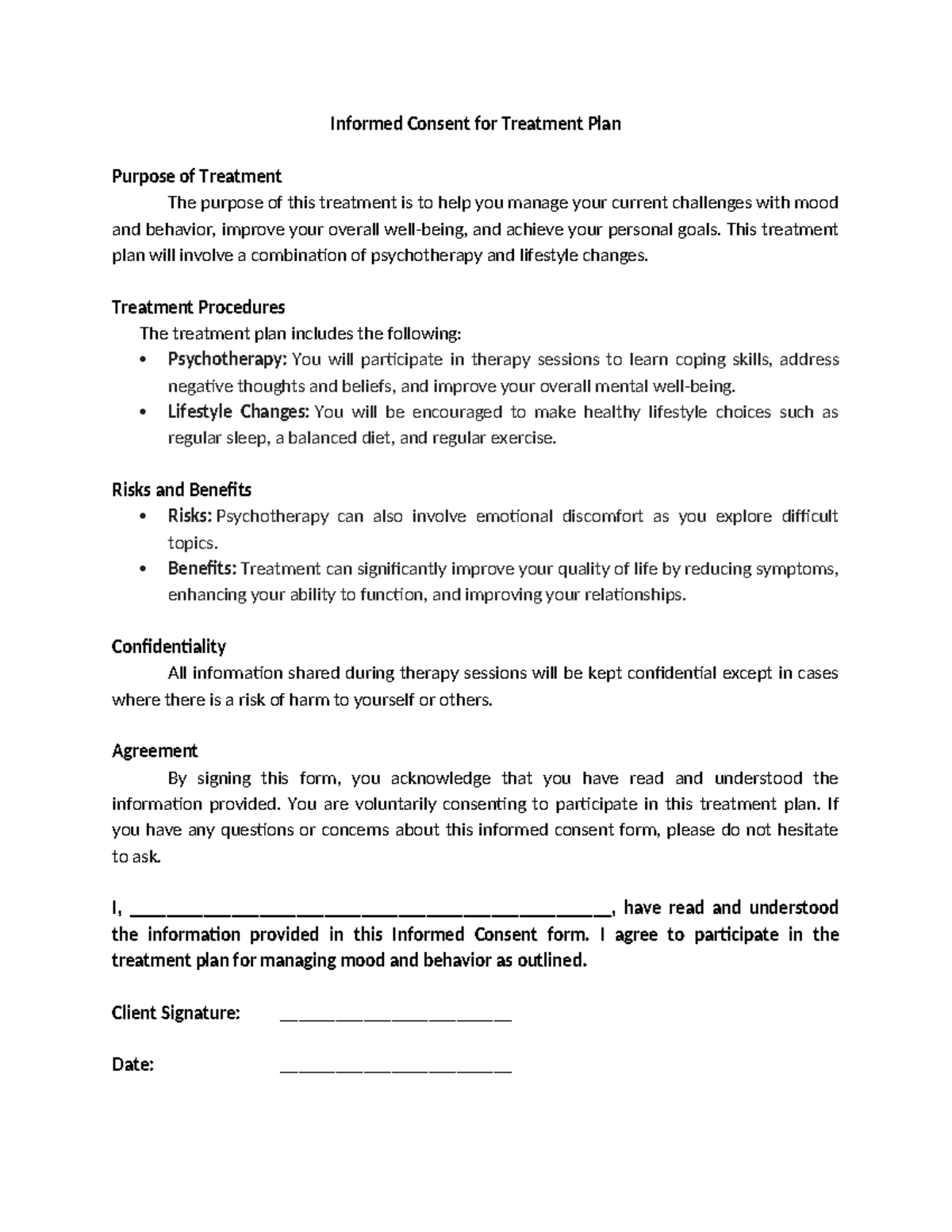 Informed Consent for Treatment Plan - Informed Consent for Treatment ...