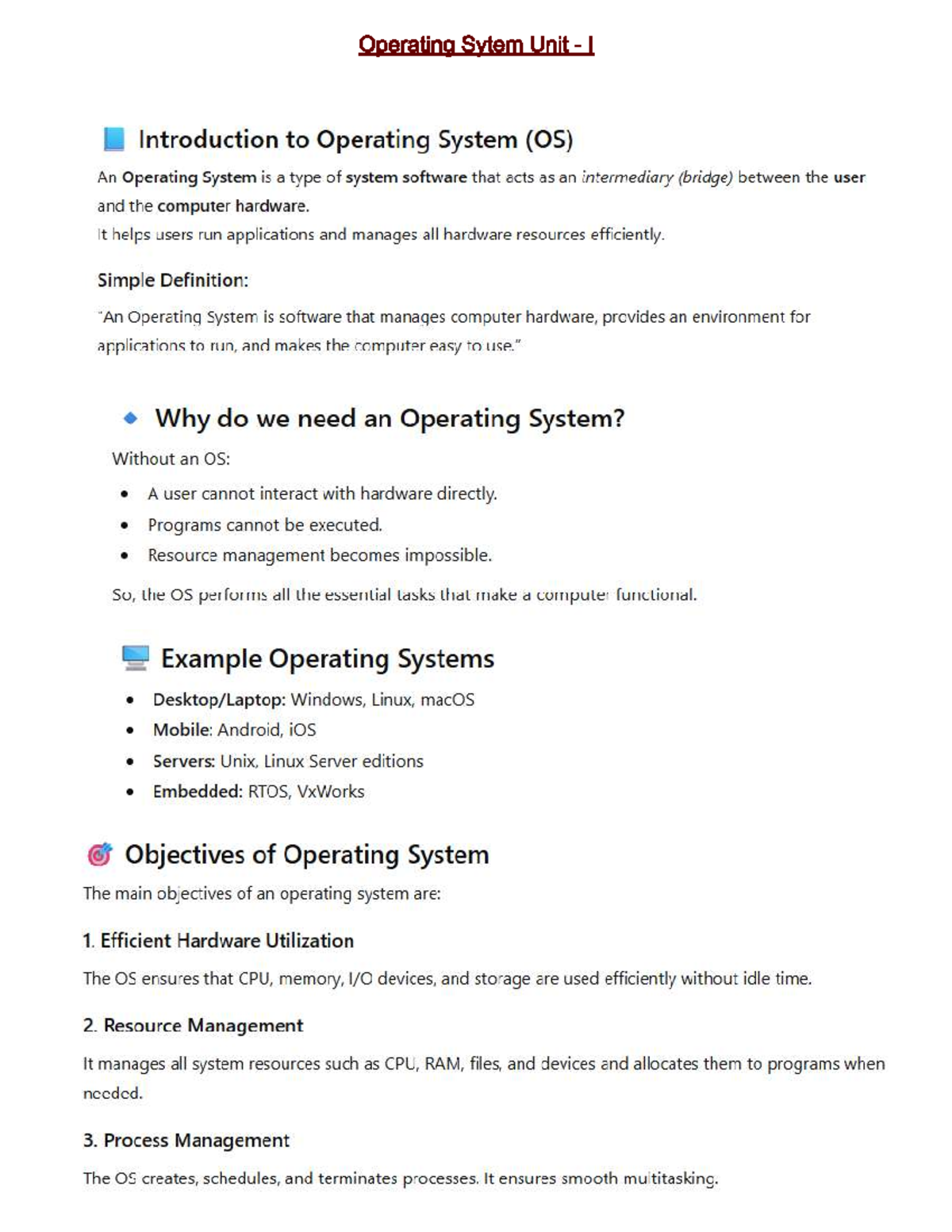 Operating System Unit I: Introduction and Key Concepts - Studocu