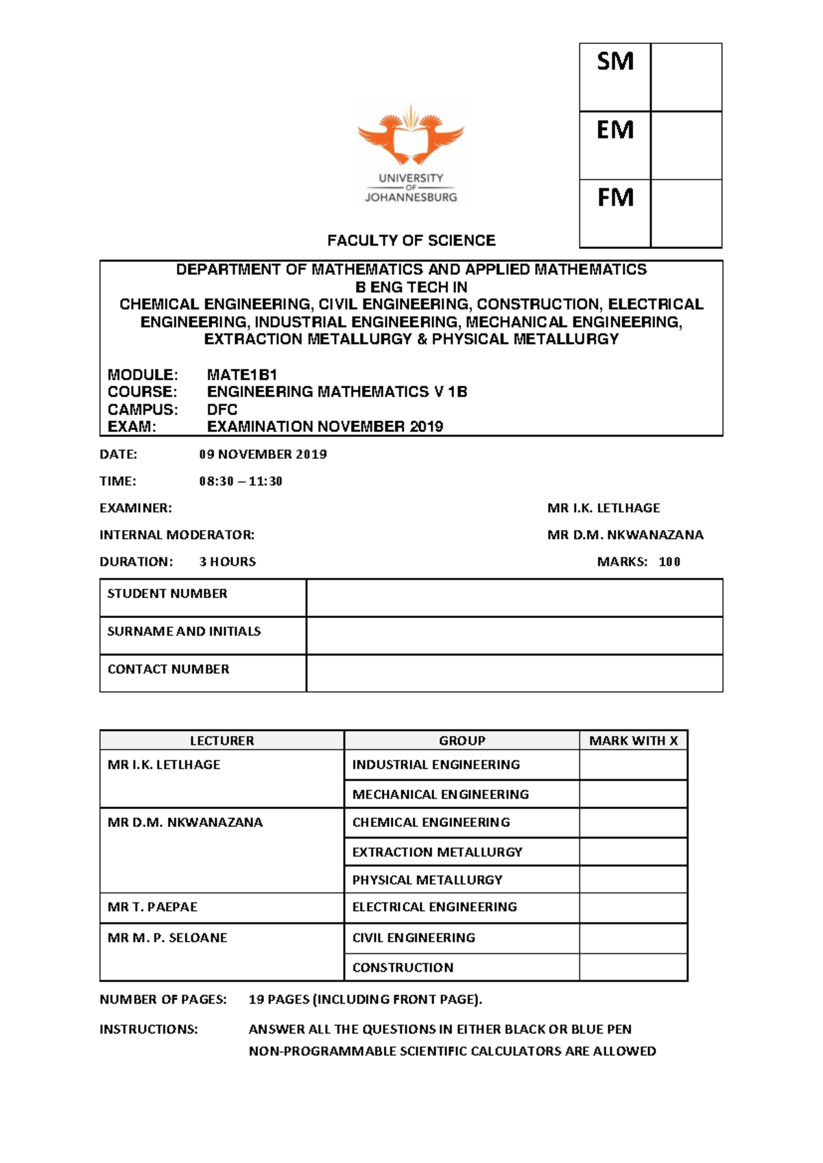 Engineering Mathematics 1B Final Exam: Past Paper November 2019 - Studocu