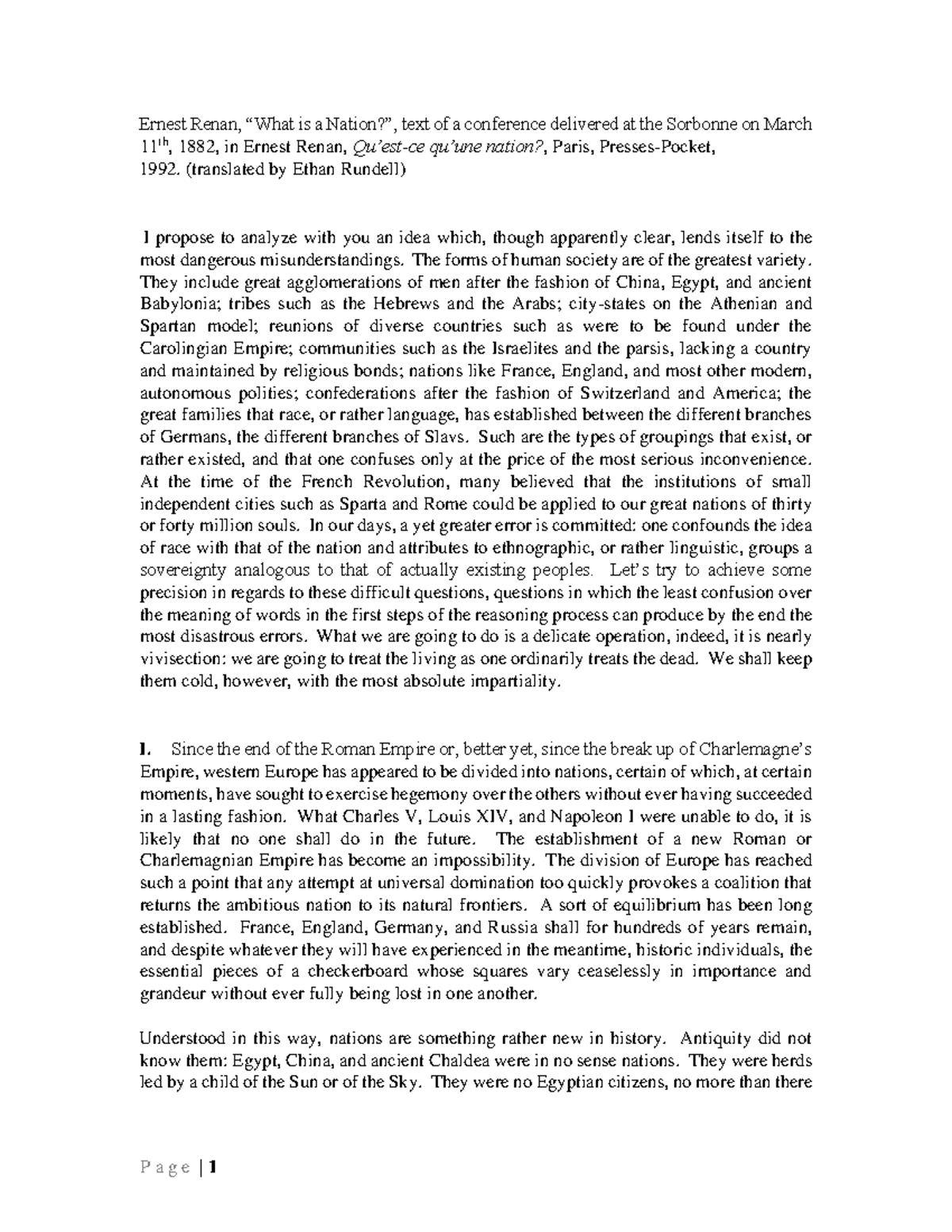 Renan - What is a Nation? - Conference Text Analysis - Studocu