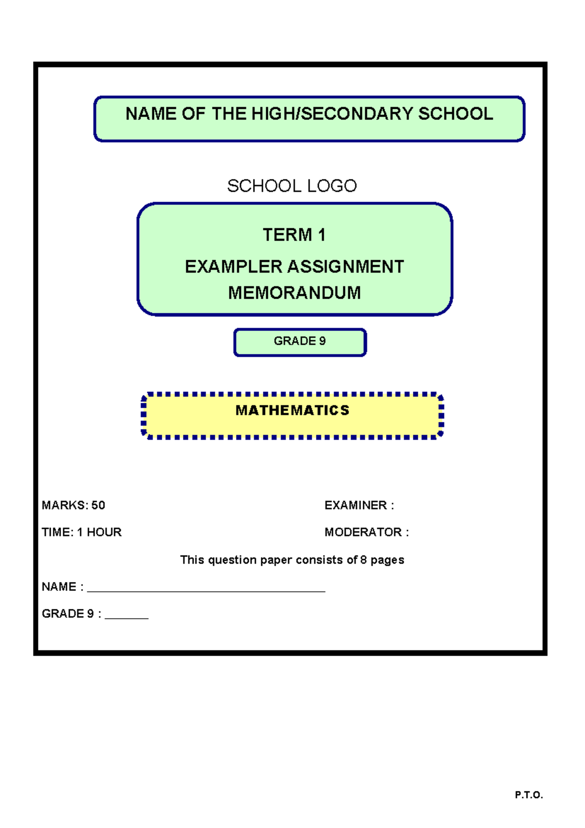 Grade 9 Mathematics Term 1 Assignment Memorandum 2015 - Studocu