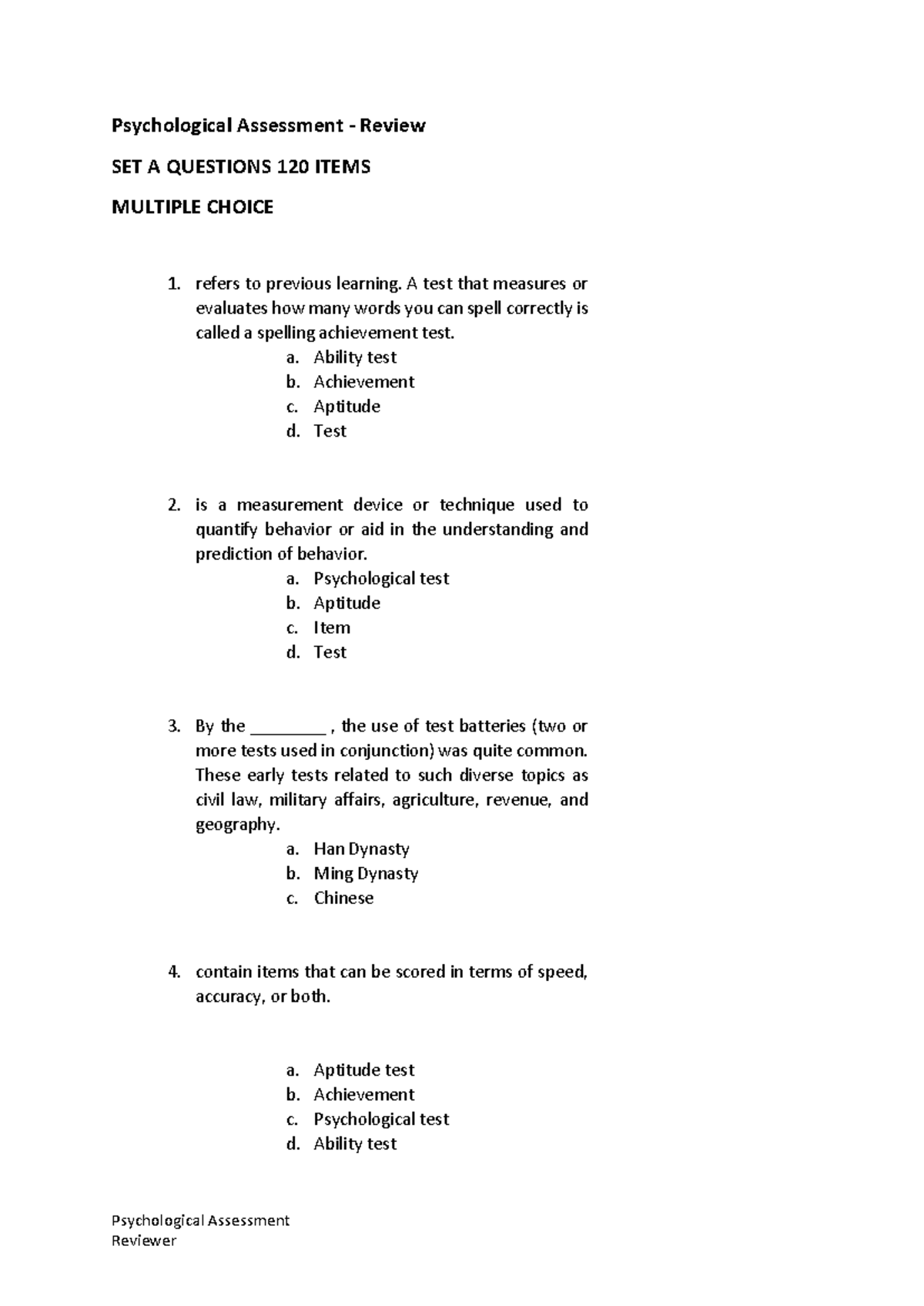 Psychological Assessment Review SET A: 120 MCQ Drills - Studocu