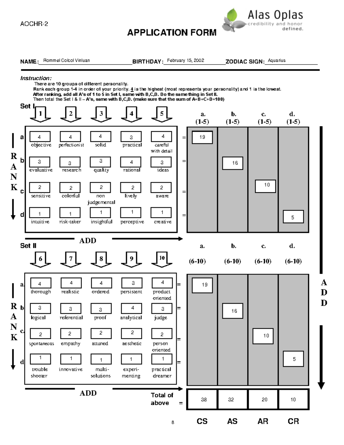 Personality Test Application Form - Aquarius Insights - Studocu