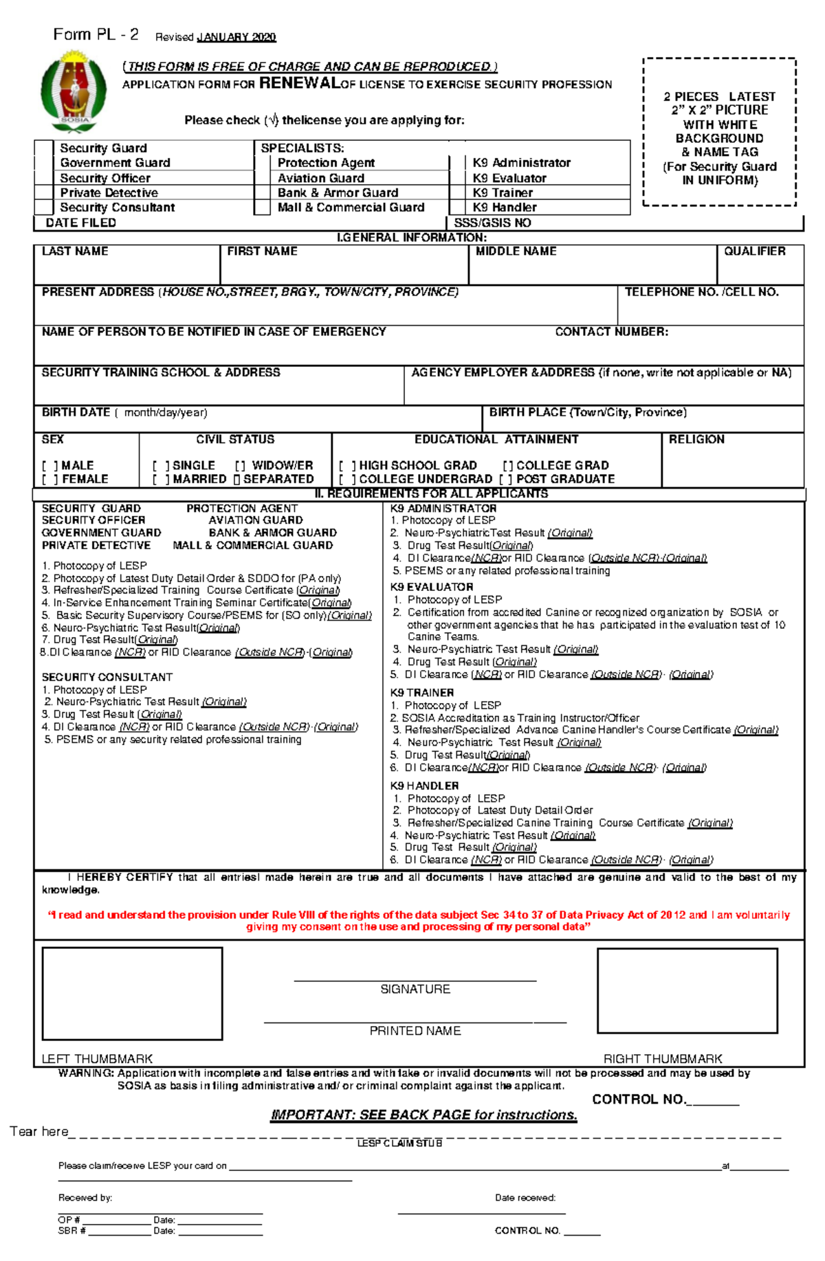 Application for Security License Renewal Form PL-2 (2020) - Studocu