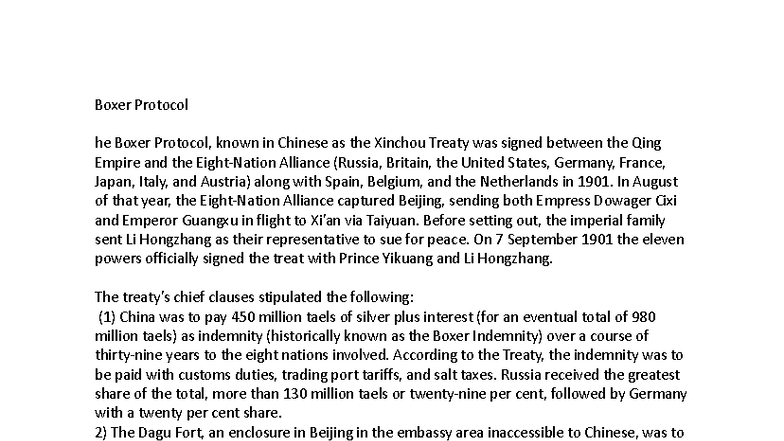 Boxer Protocol (1901) - Key Points and Analysis Notes - Studocu
