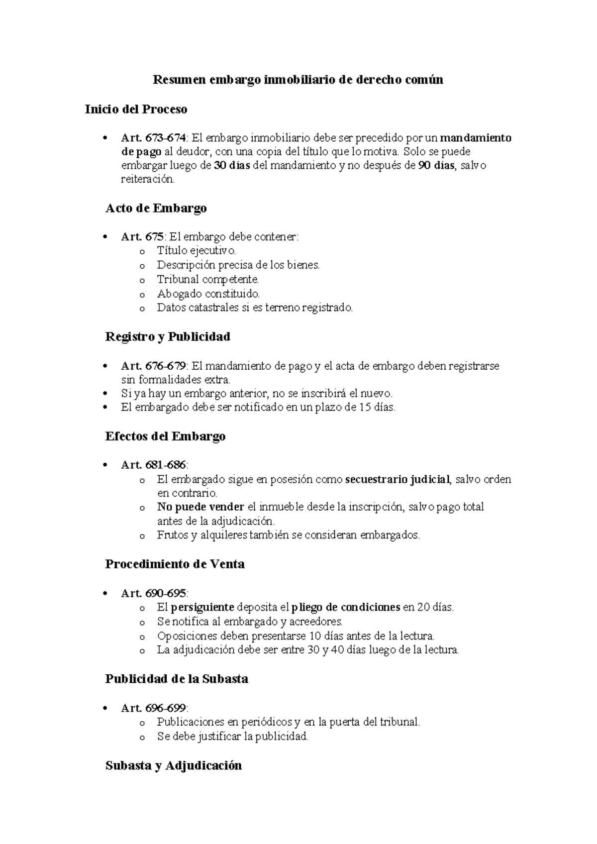 Esquema de Embargo Inmobiliario de Derecho Común - Proceso y Efectos ...