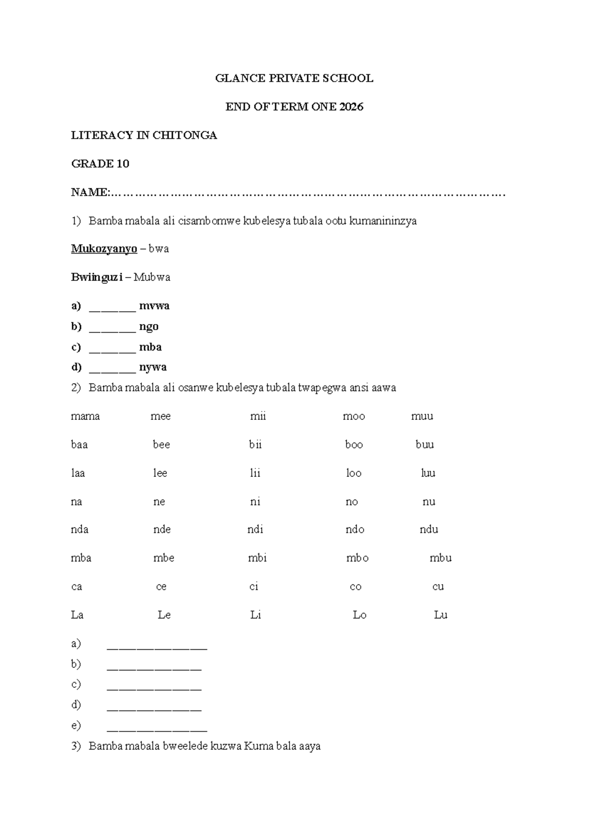 GLANCE PRIVATE SCHOOL G10 LITERACY END OF TERM ONE 2026 - Studocu