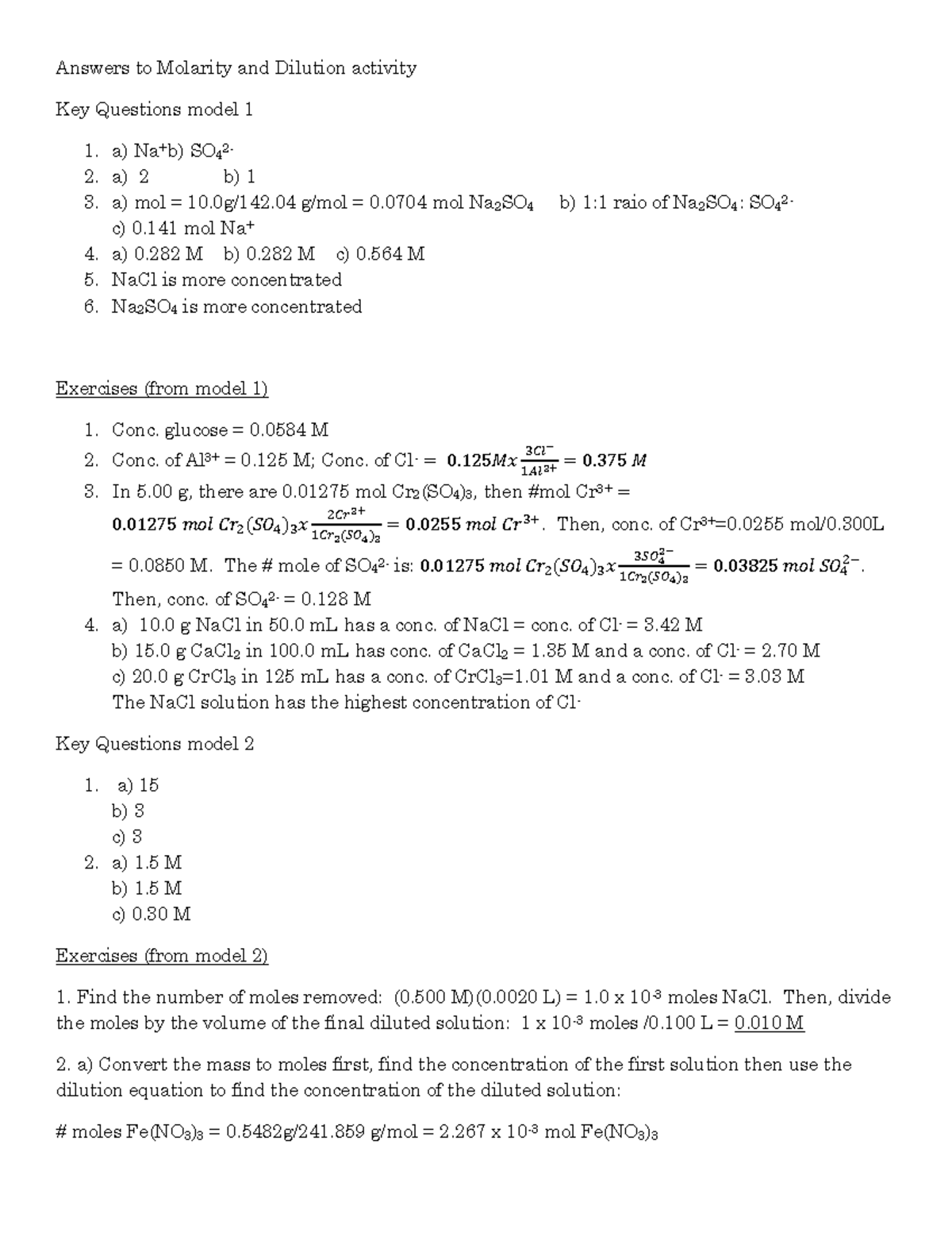 Answers to SO422 Molarity & Dilution Activity Key Questions - Studocu