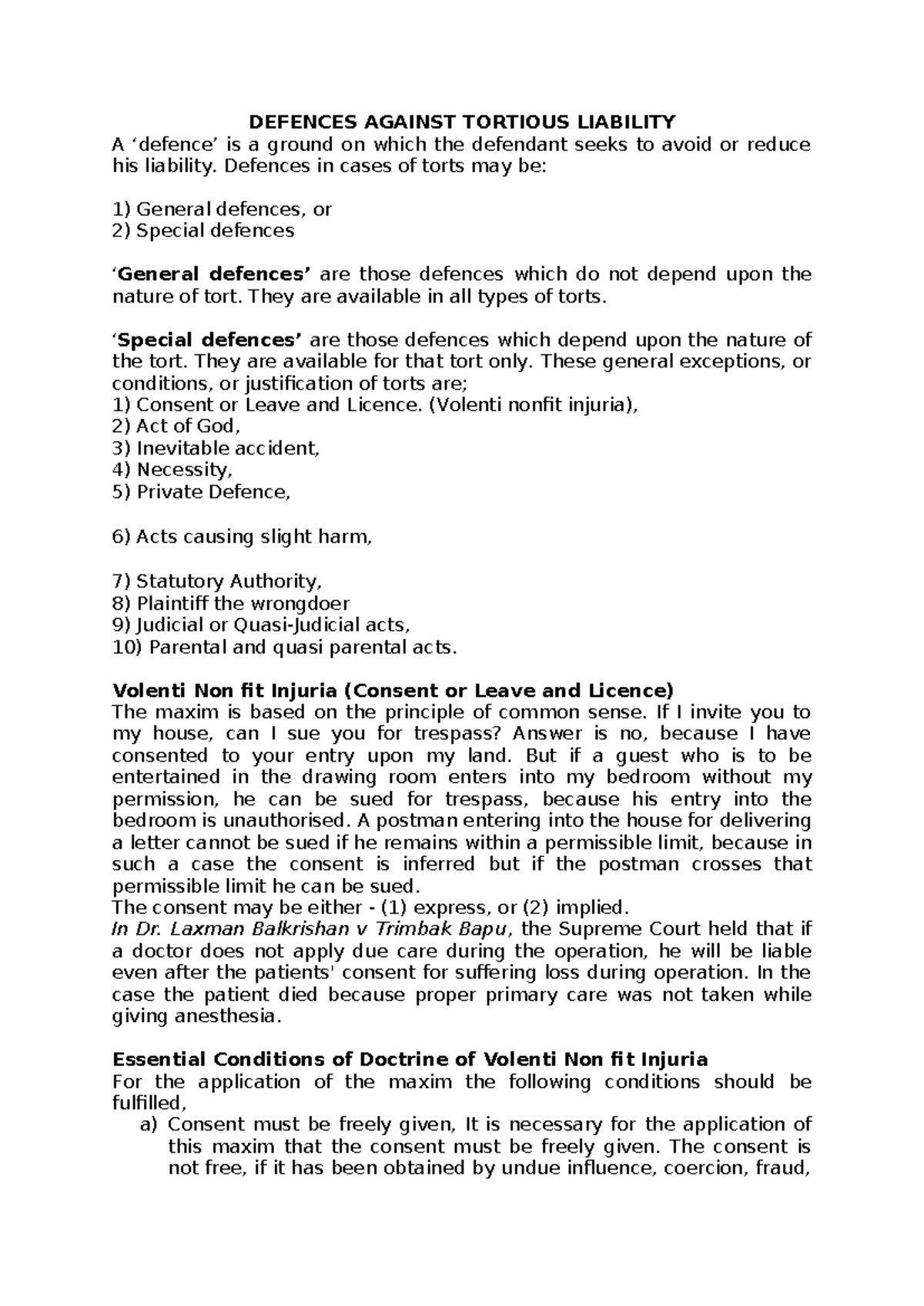 DEFENCES AGAINST TORTIOUS LIABILITY - JCB De Grate Law of Torts - Studocu
