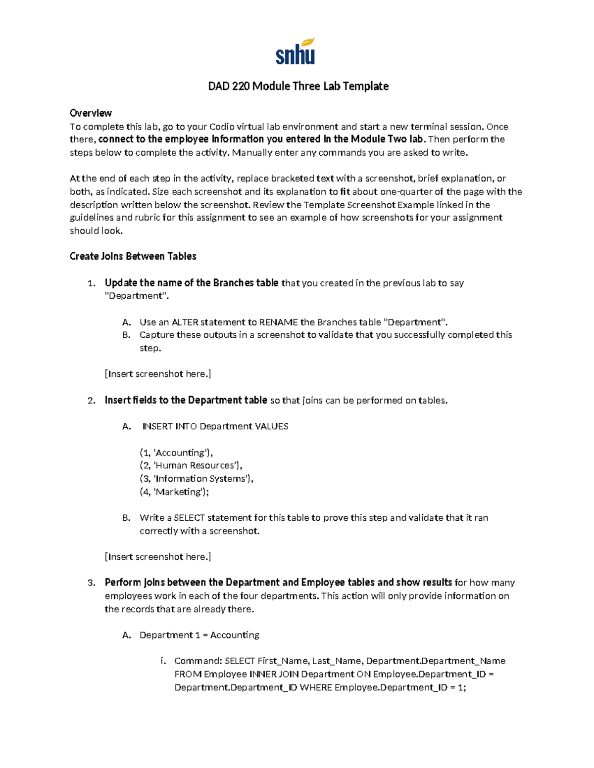 DAD 220 Module 3 Lab: Creating Joins & Data Management in SQL - Studocu