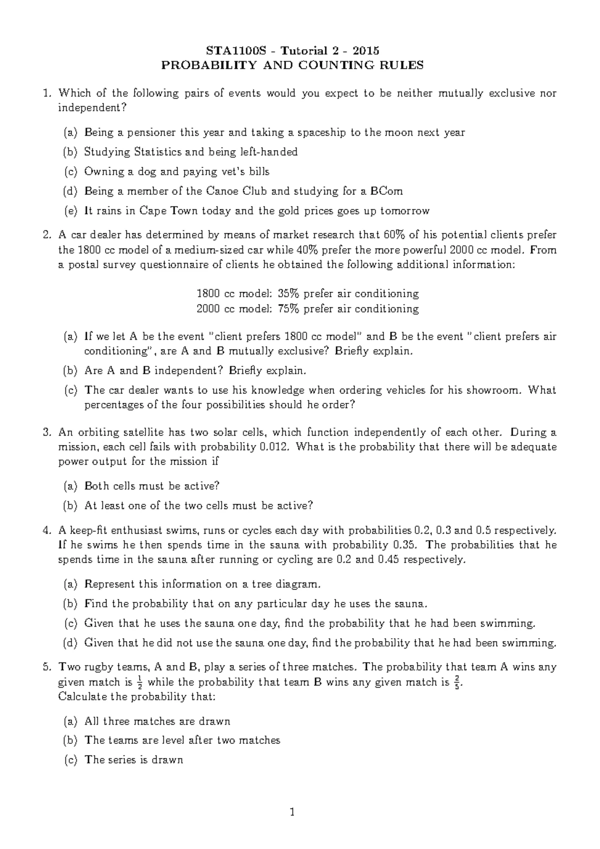 STA1100S - Tutorial 2 Solutions: Probability & Counting Rules 2015 ...