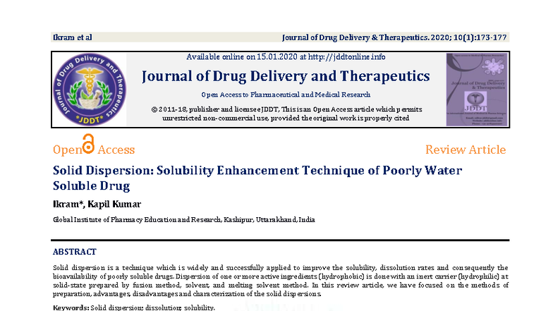 Solid Dispersion Techniques for Enhancing Drug Solubility: A Review ...