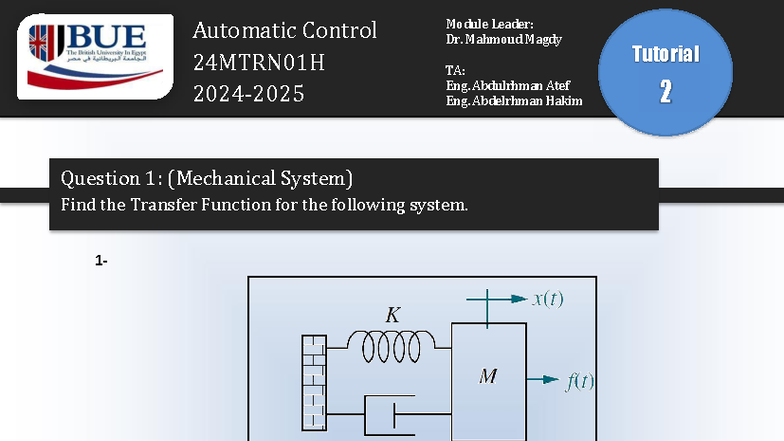 Automatic Control 24MTRN01H Tutorial 2: Transfer Functions & Models ...