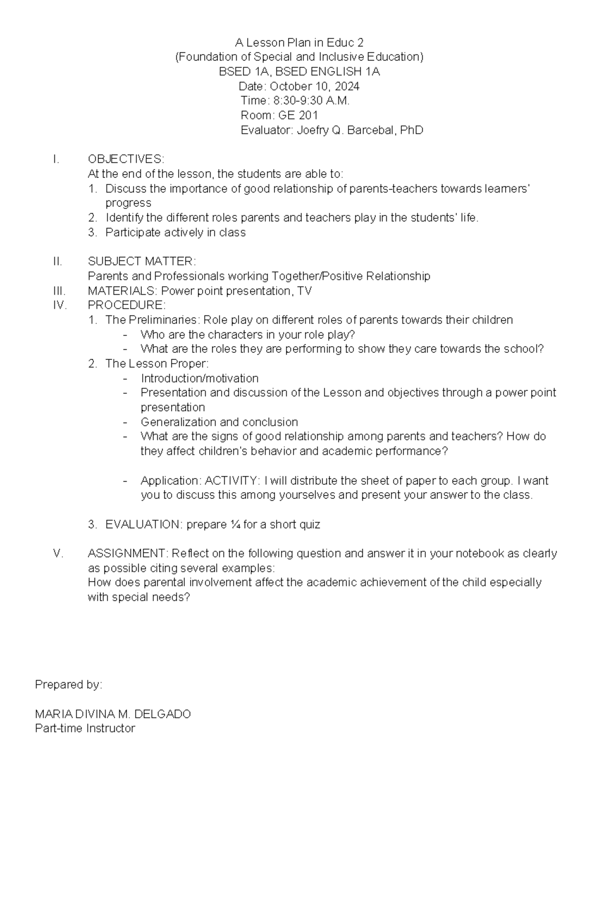 A Lesson Plan for EDUC 2: Enhancing Parent-Teacher Collaboration - Studocu