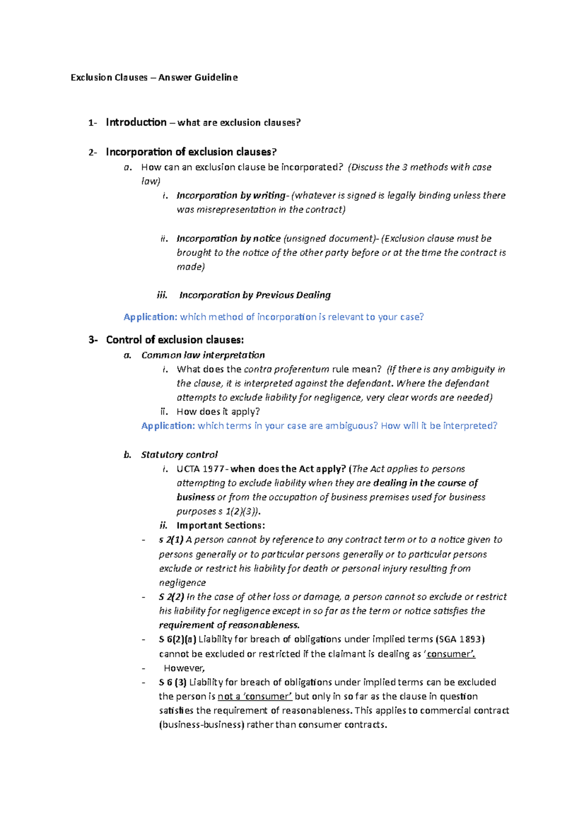 Exclusion Clauses: Problem Question Answer Guideline (Legal 101) - Studocu