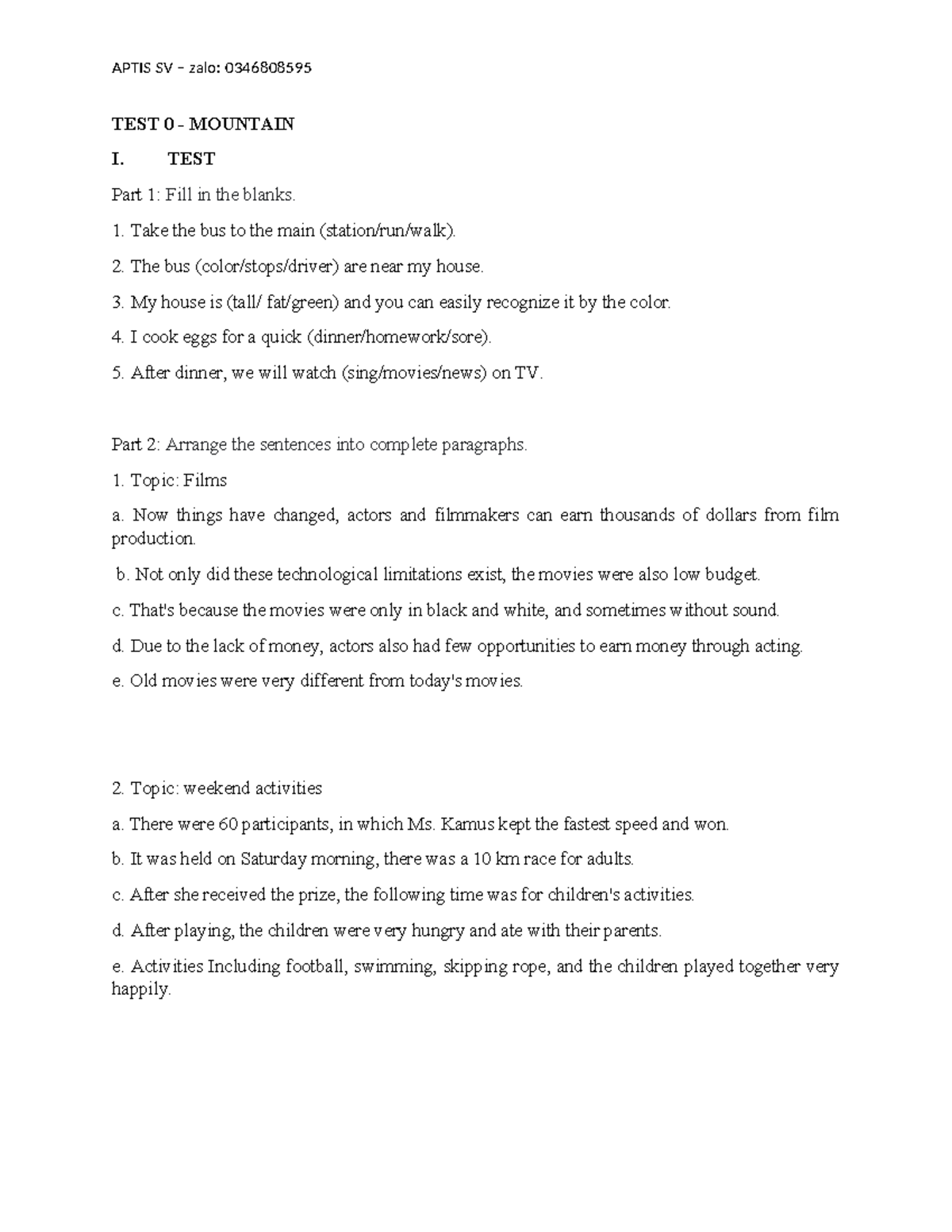 APTIS SV zalo: 0346808595 TEST 0 Reading Comprehension on Mountain ...