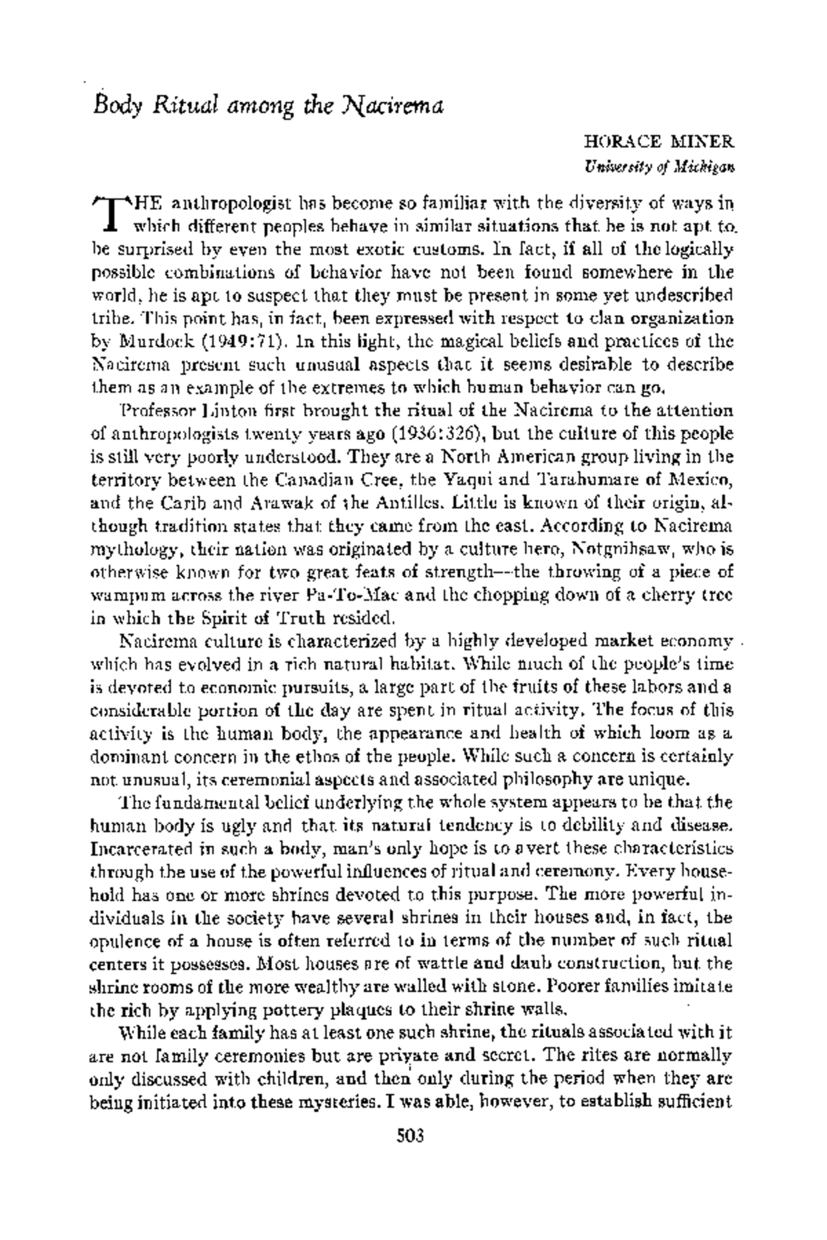 Body Ritual Among the Nacirema: An Analysis by Horace Miner (1956 ...