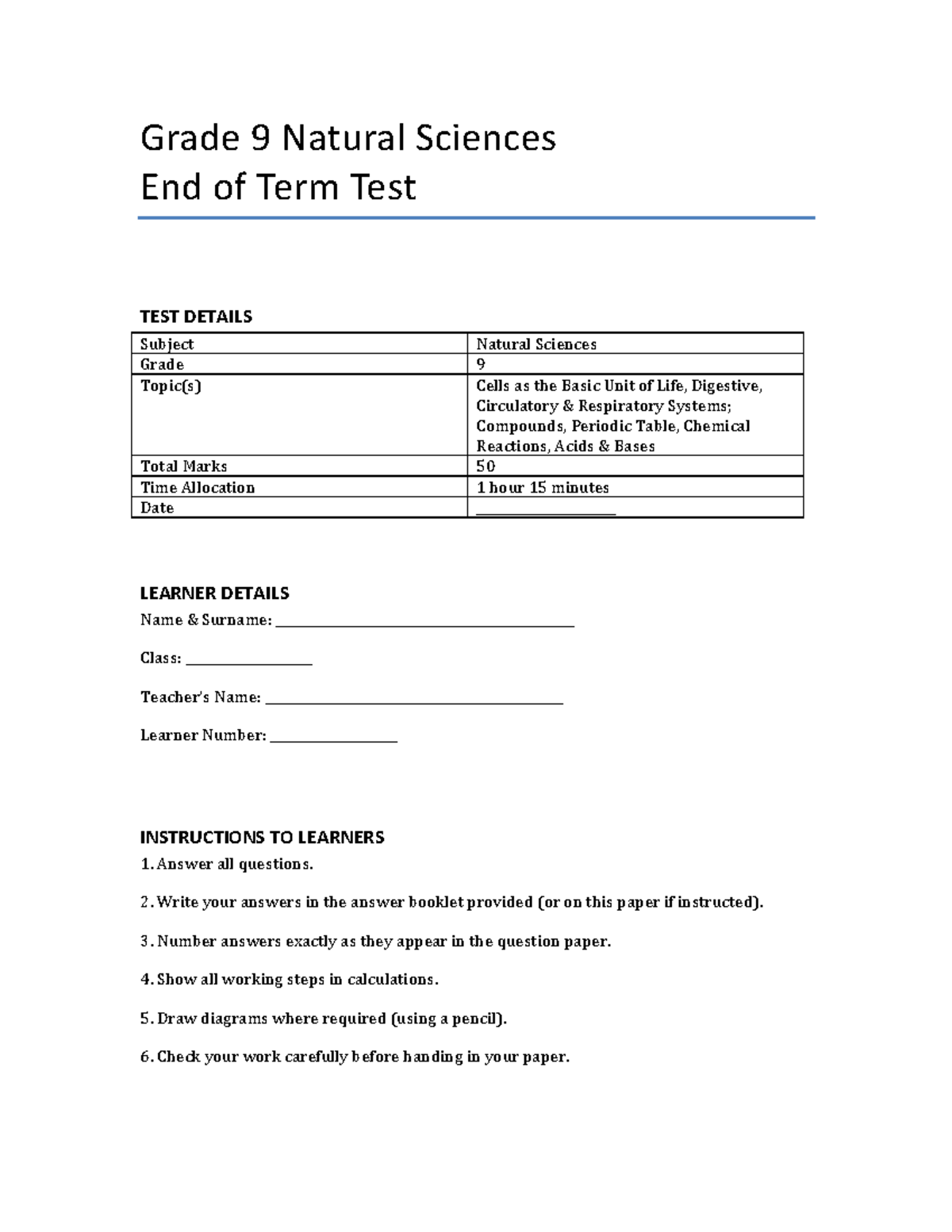 Grade 9 Natural Sciences End of Term Test: Key Topics & Instructions ...
