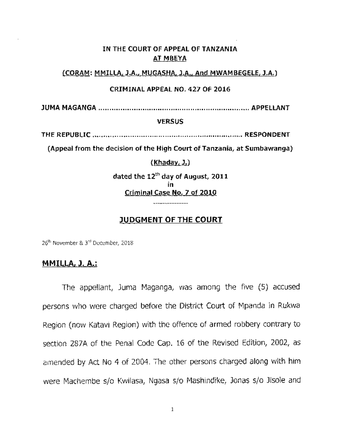 Juma Maganga vs Republic: Judgment in Criminal Appeal No. 427/2016 ...