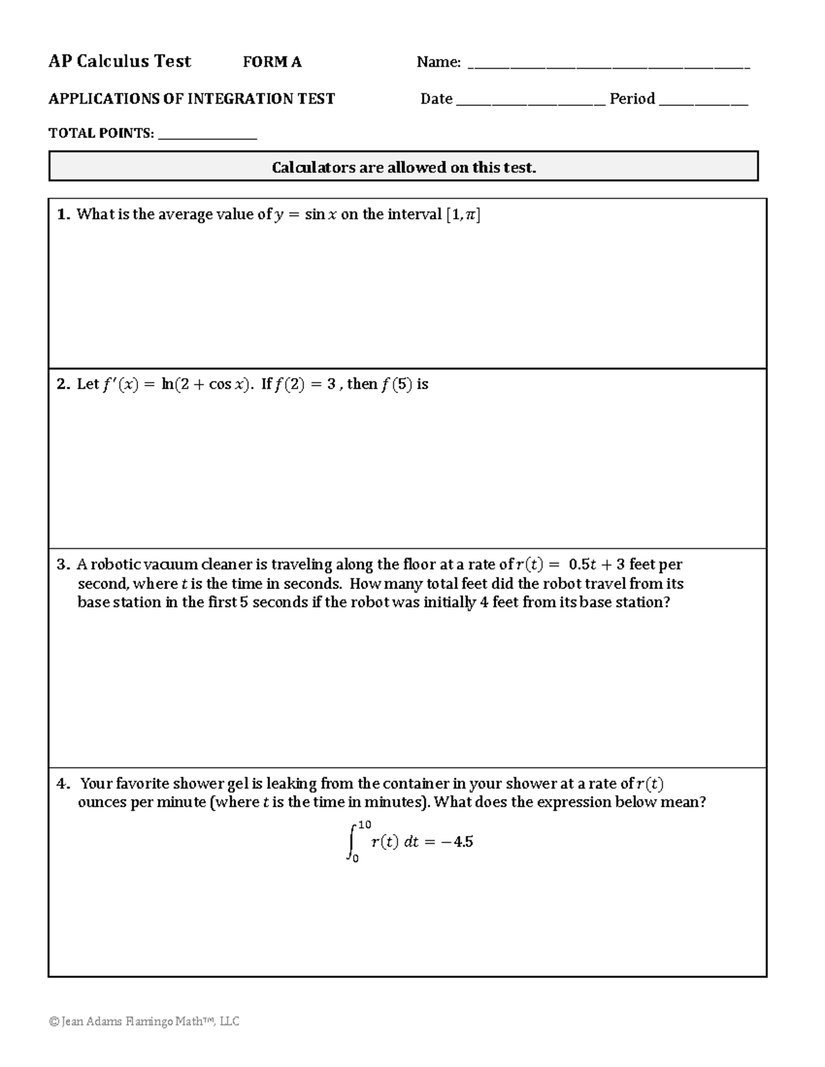 AP Calculus Applications of Integration Test FORM A (Test 8A) - Studocu
