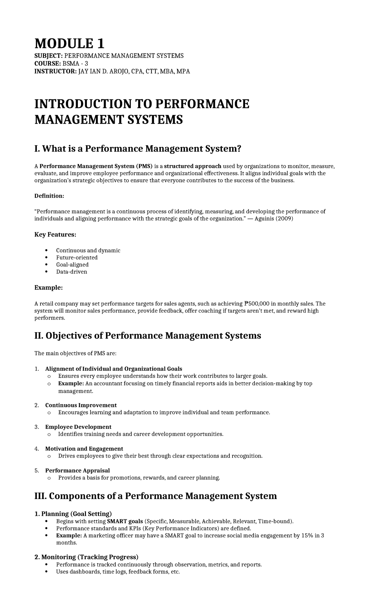 BSMA 3: Module 1 - Introduction to Performance Management Systems - Studocu