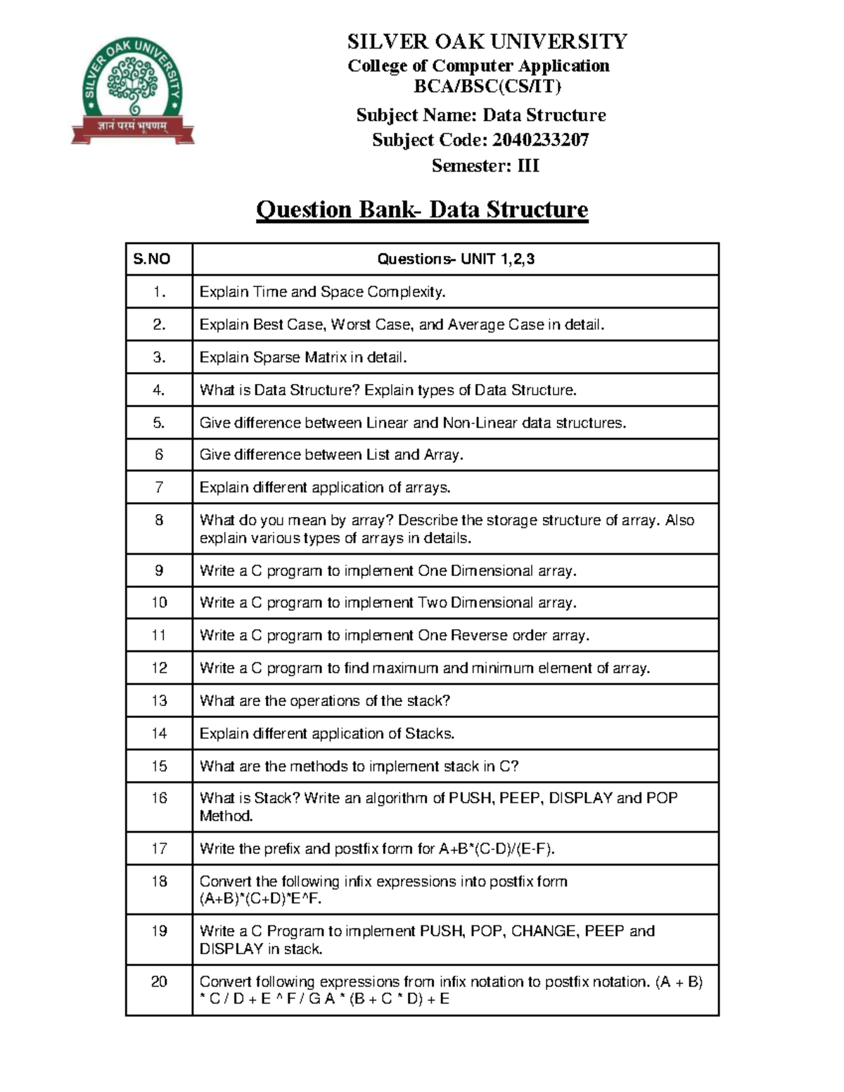 BCA 2040233207: Comprehensive Data Structures Question Bank (Sem III ...