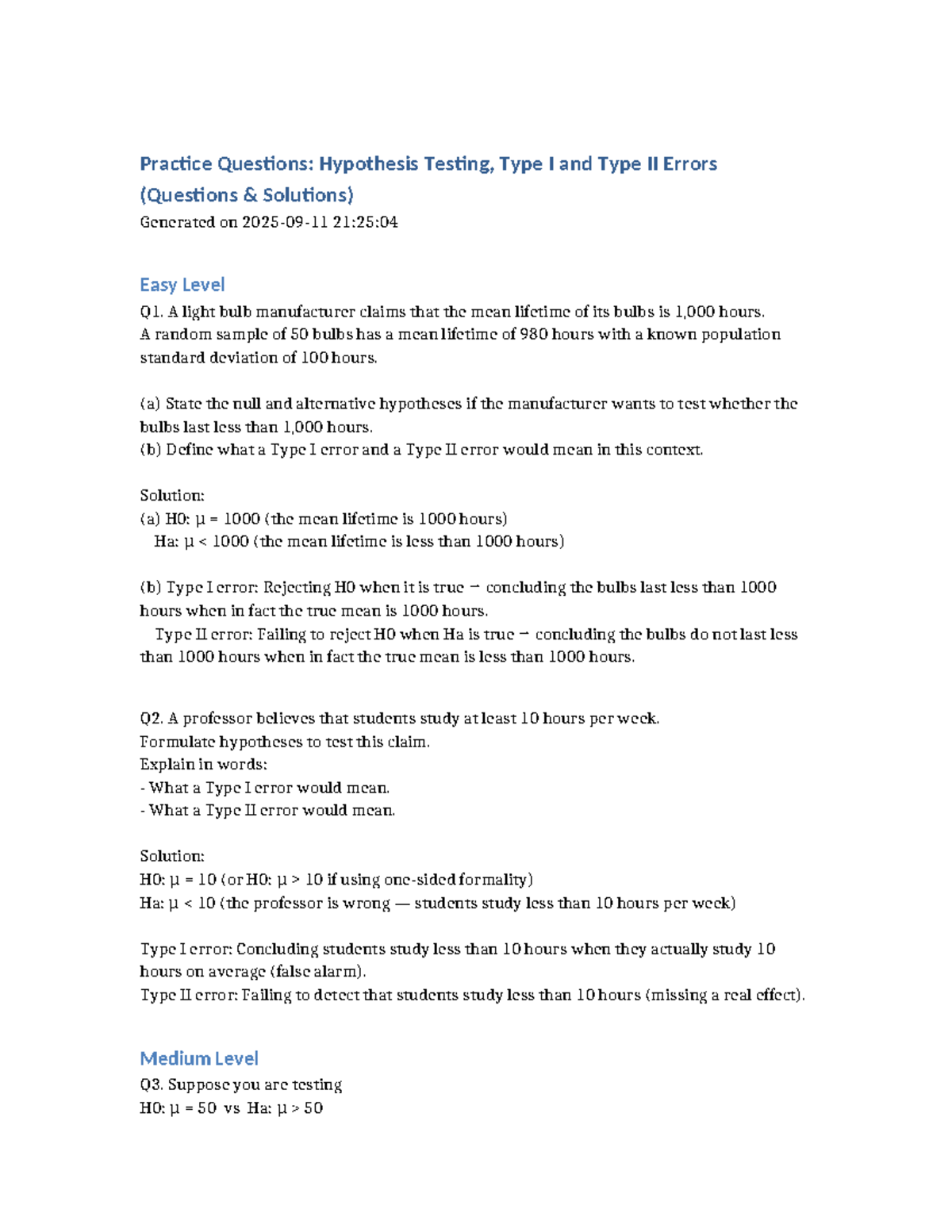 Hypothesis Testing Practice Questions (Type I & II Errors) - Studocu