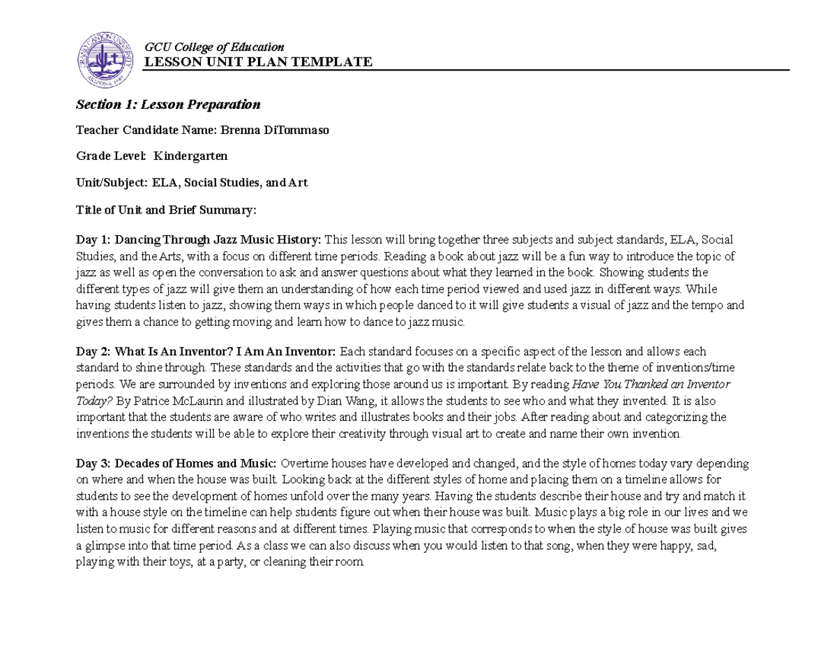 GCU ELA & Social Studies Lesson Unit Plan for Kindergarten: 3-Day ...