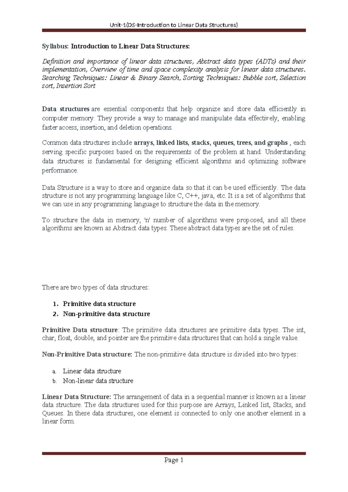 Unit-1: Introduction to Linear Data Structures and Their Applications ...