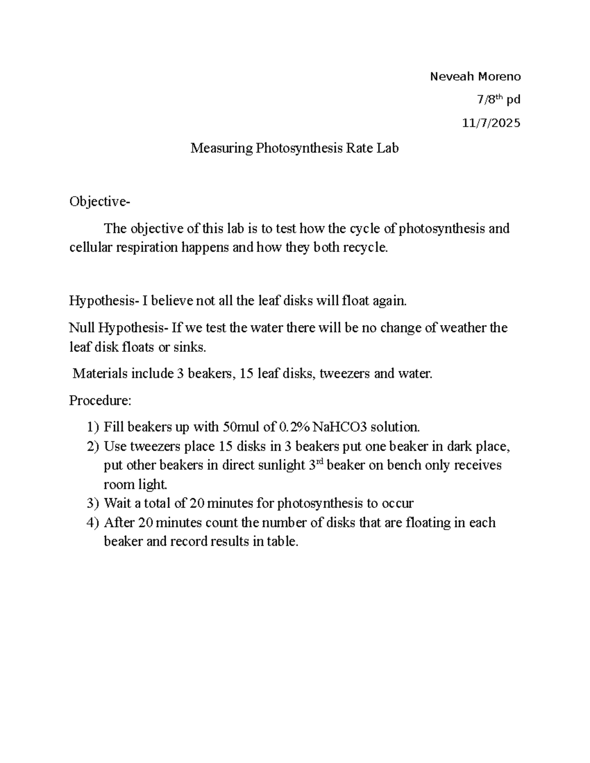 Photosynthesis Rate Lab Report - Neveah Moreno pd 10 - Studocu