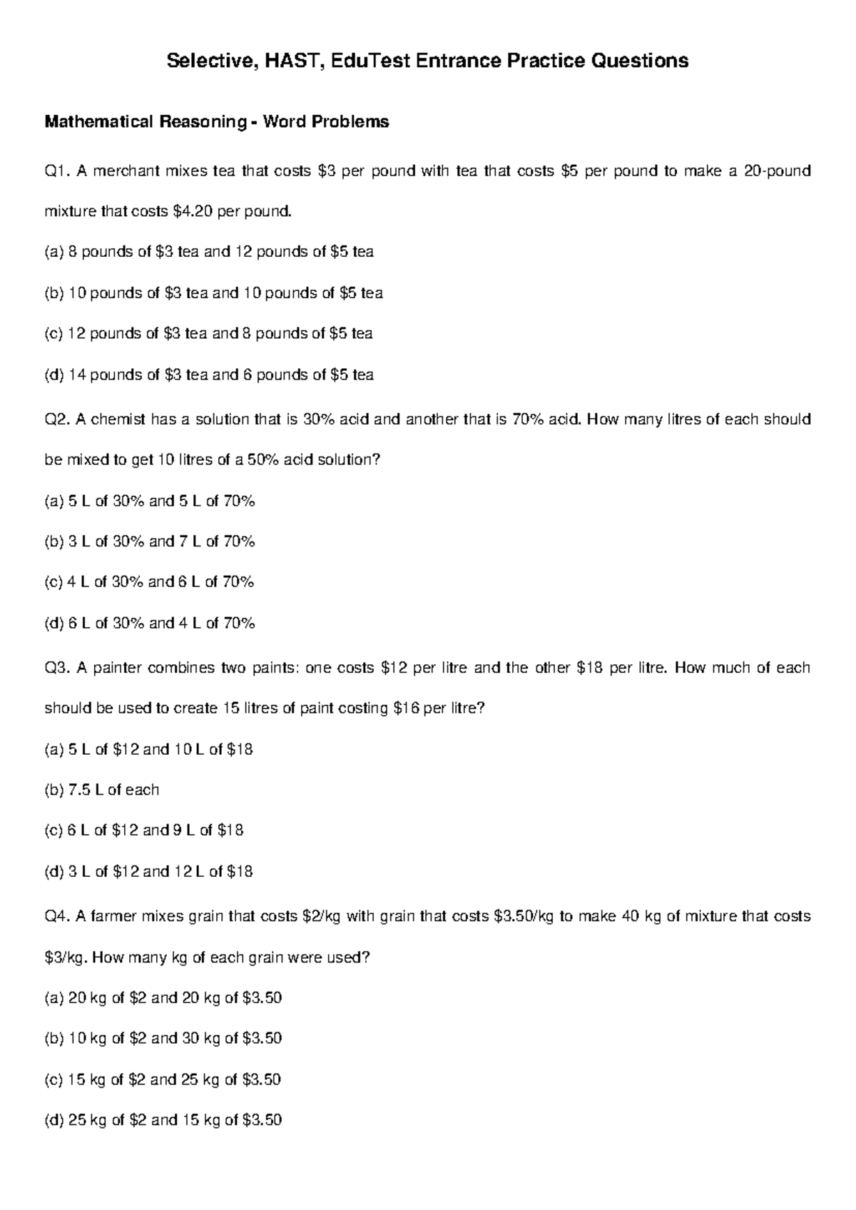 Selective HAST EduTest Entrance Math Reasoning Practice Qs - Studocu
