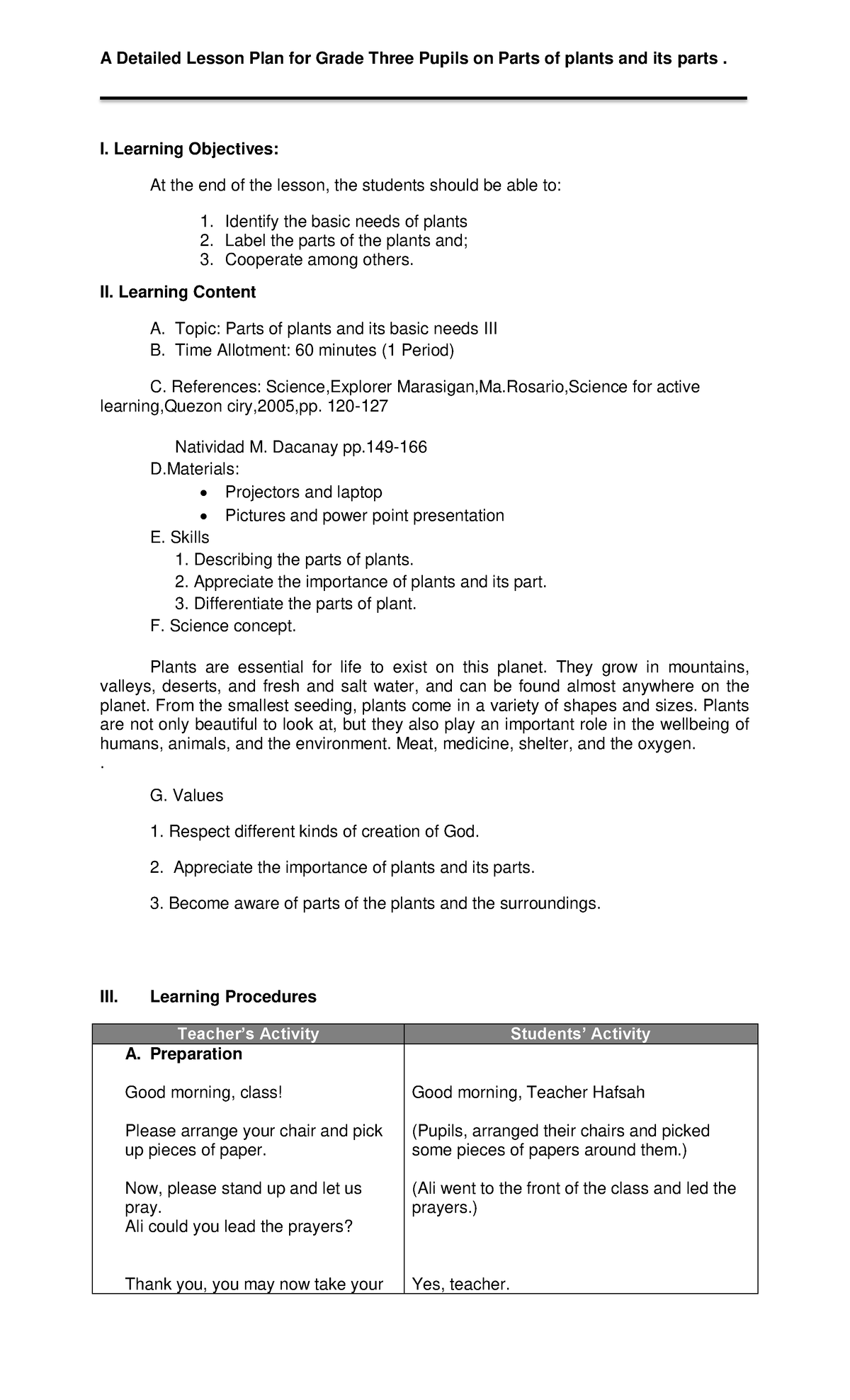Grade 3 - Lesson plan - I. Learning Objectives: At the end of the ...