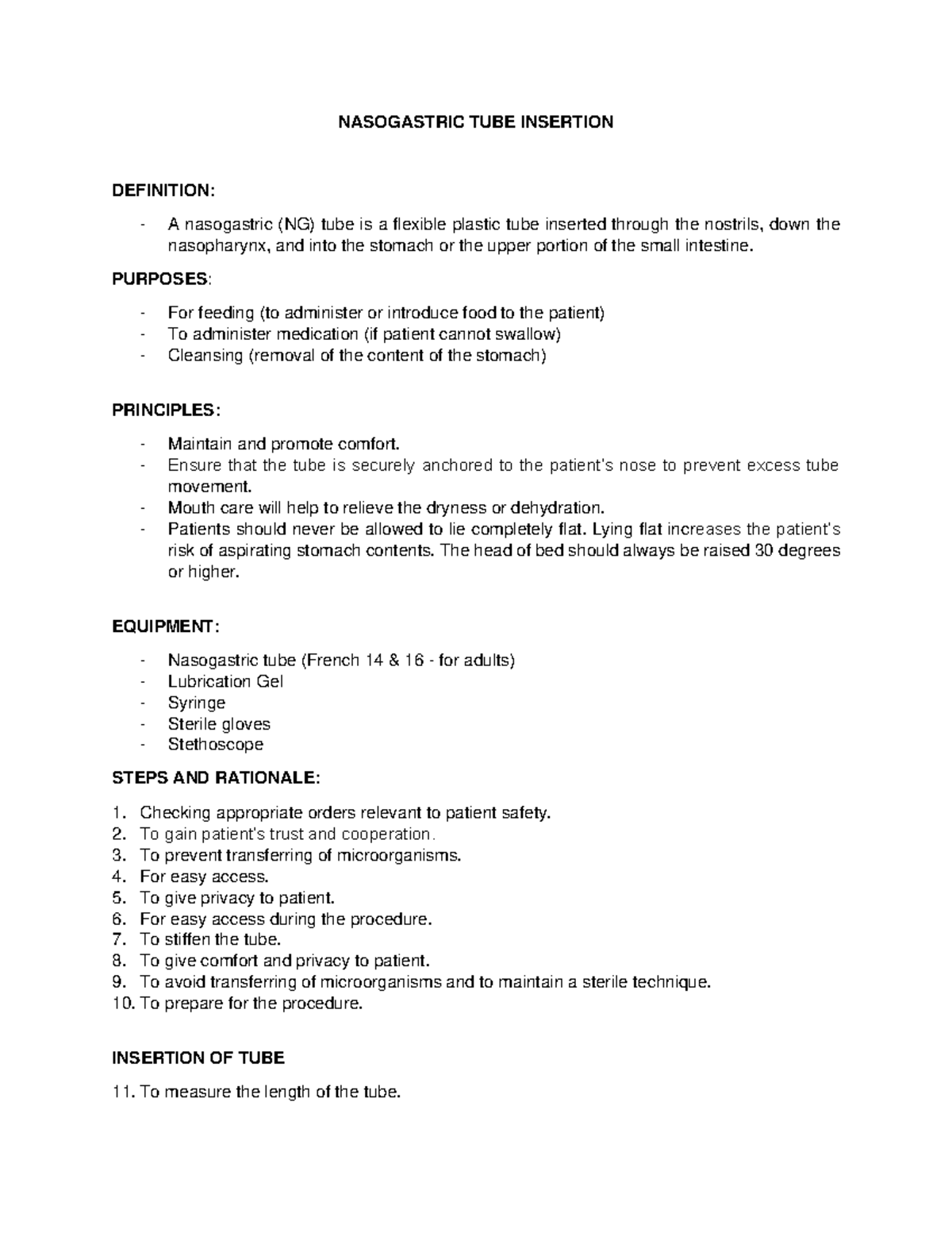Nasogastric Tube Insertion - ASS - Procedure Notes - Studocu