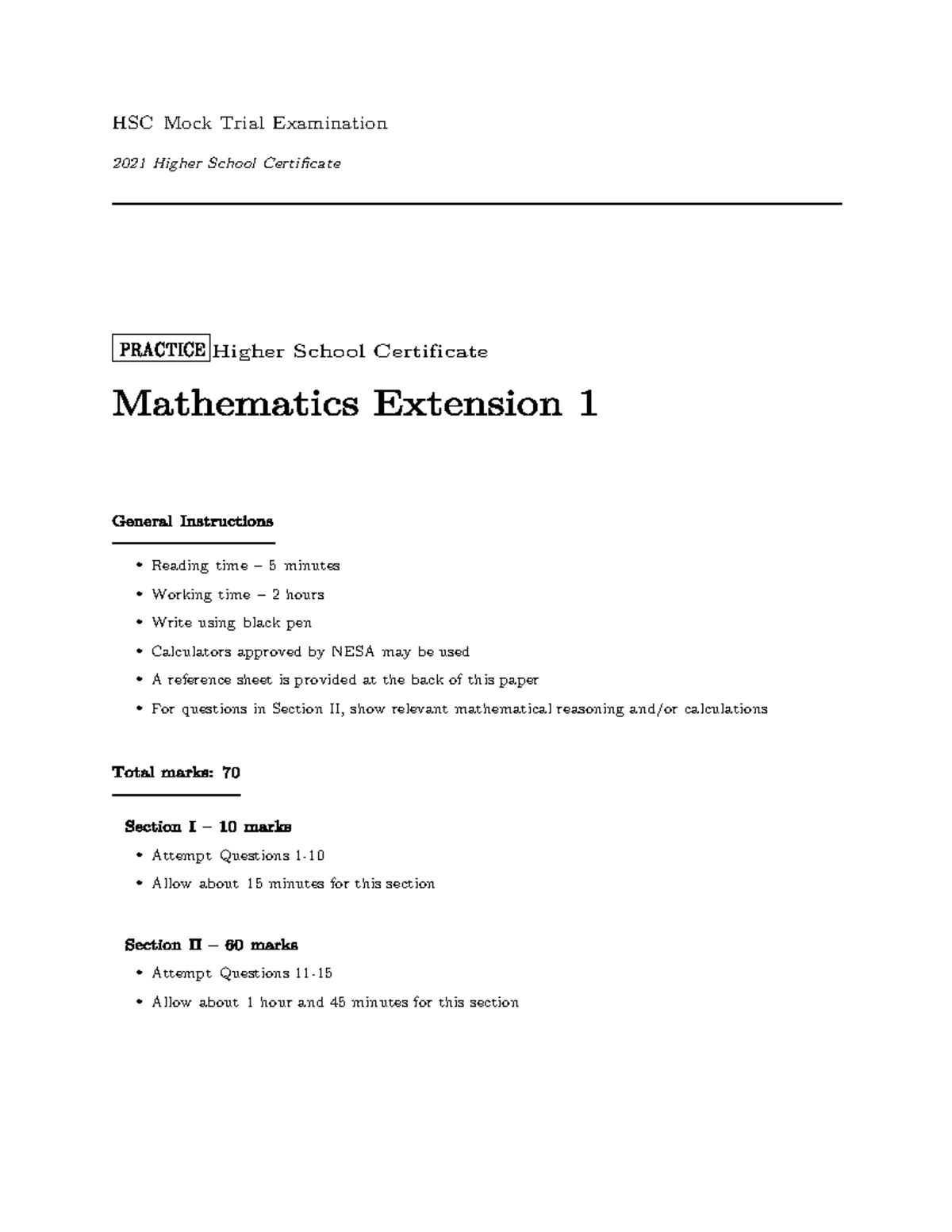 HSC Mock Trial Exam 2021 - Mathematics Extension 1 - Studocu