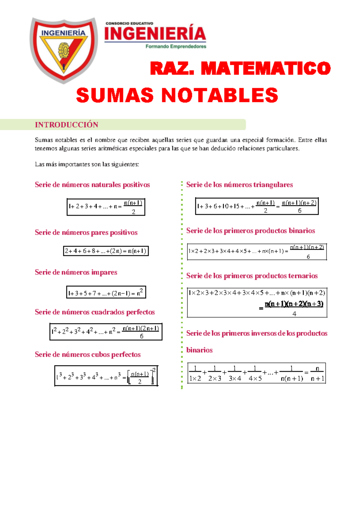 Sumas Notables y Series Aritméticas - PUCP Primeros Productos - Studocu