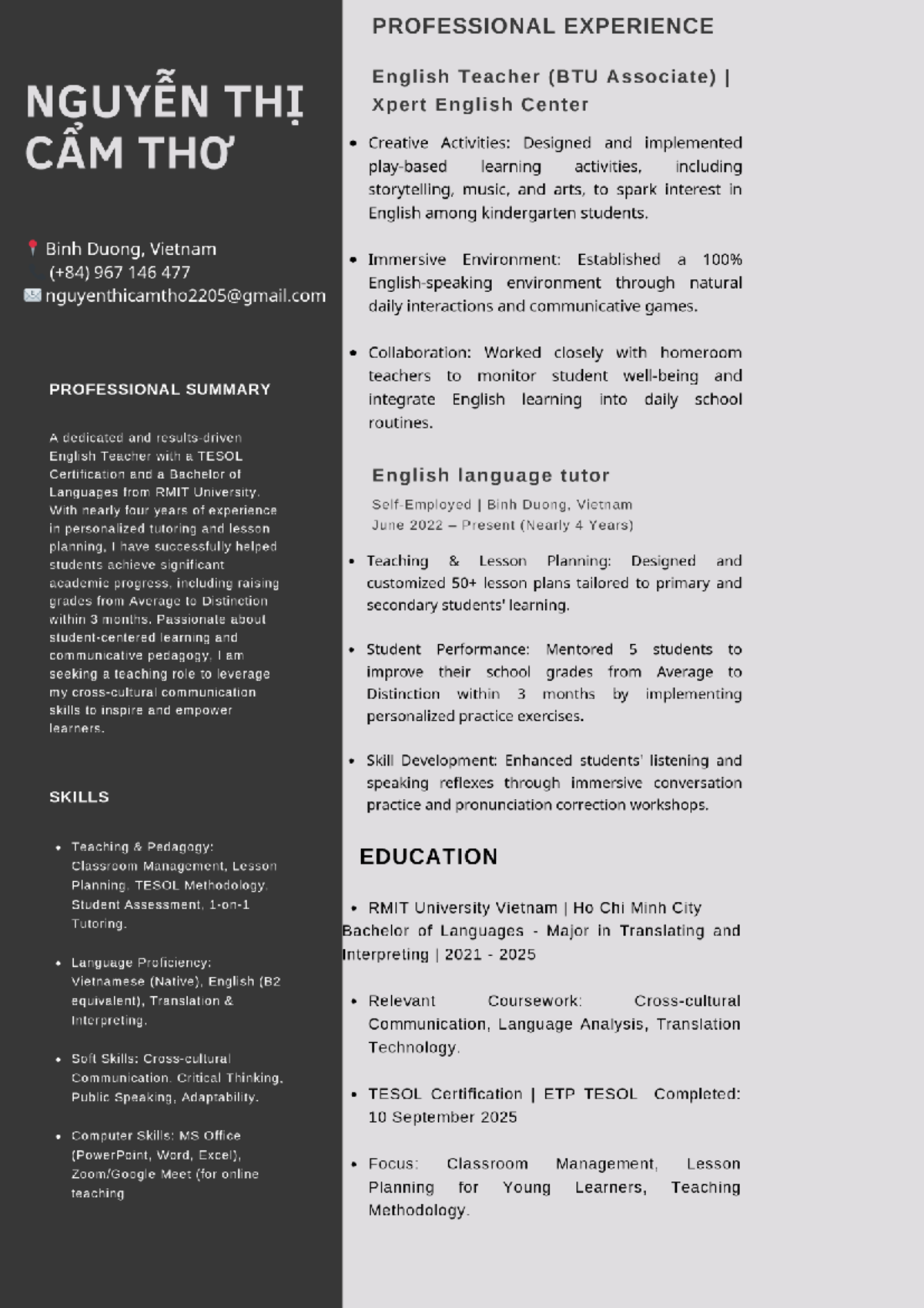 PROFESSIONAL EXPERIENCE: English Teacher at Xpert English Center - Studocu