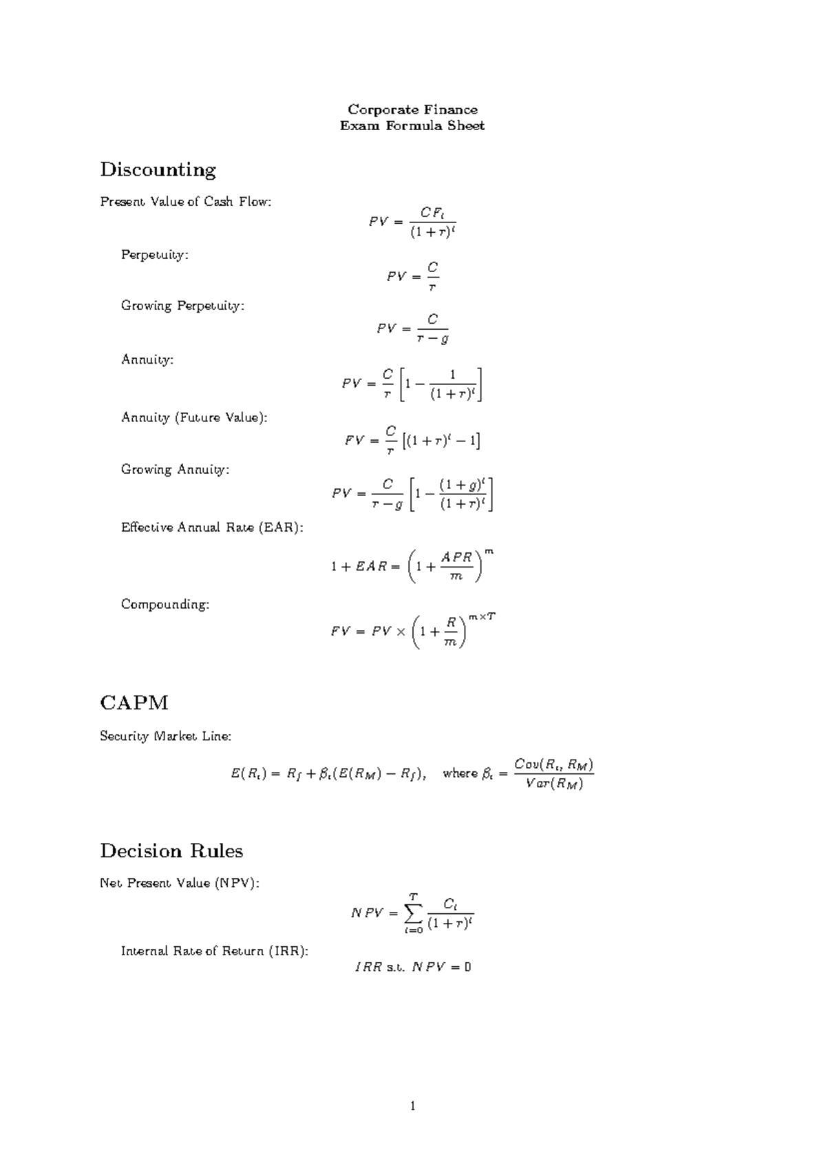 Corporate Finance Exam Formula Sheet: Key Concepts & Equations - Studocu