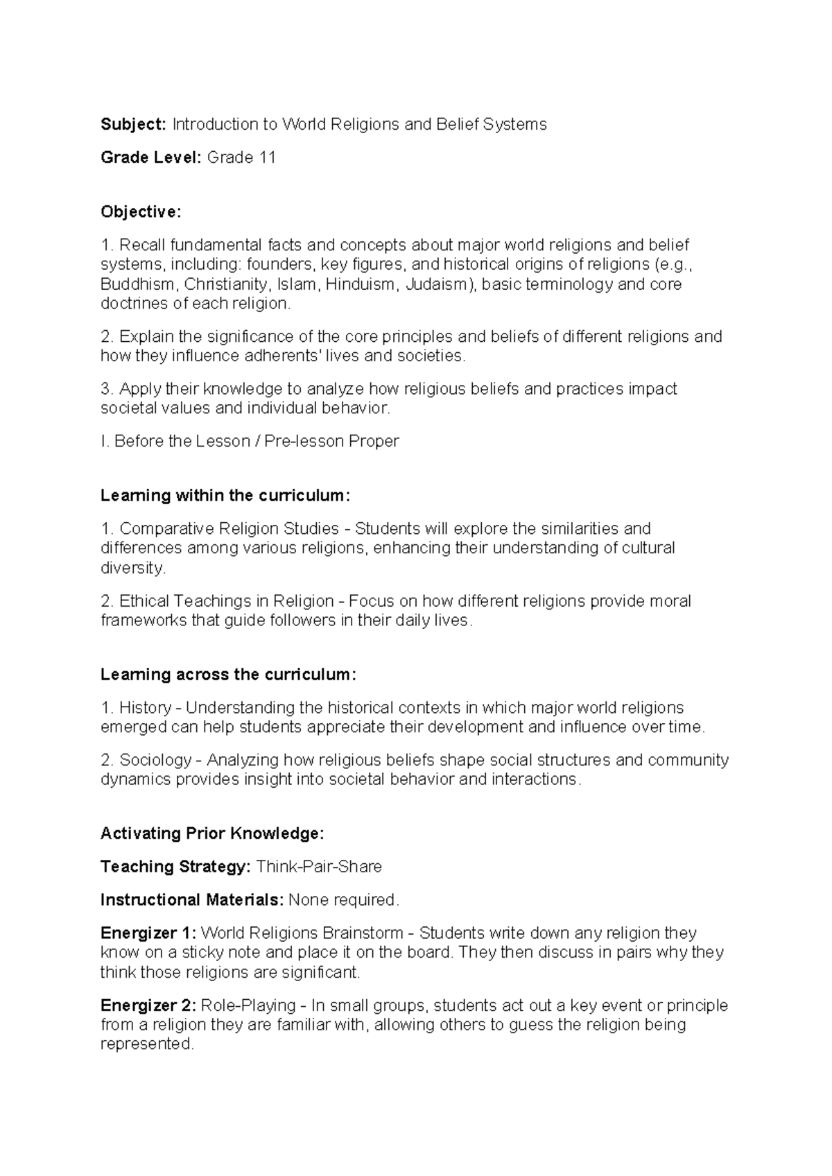 Lesson Plan: Introduction to World Religions & Belief Systems (Grade 11 ...