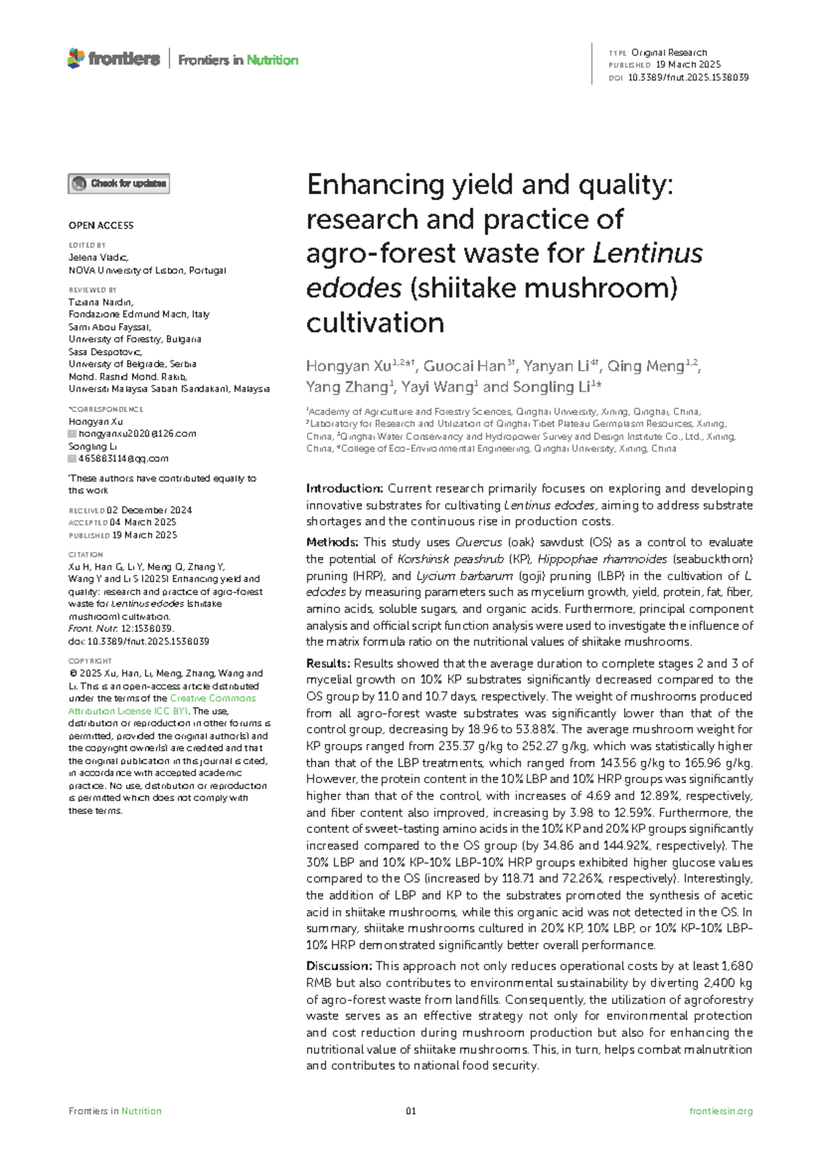 Enhancing Yield and Quality of Lentinus edodes Cultivation: Research on ...
