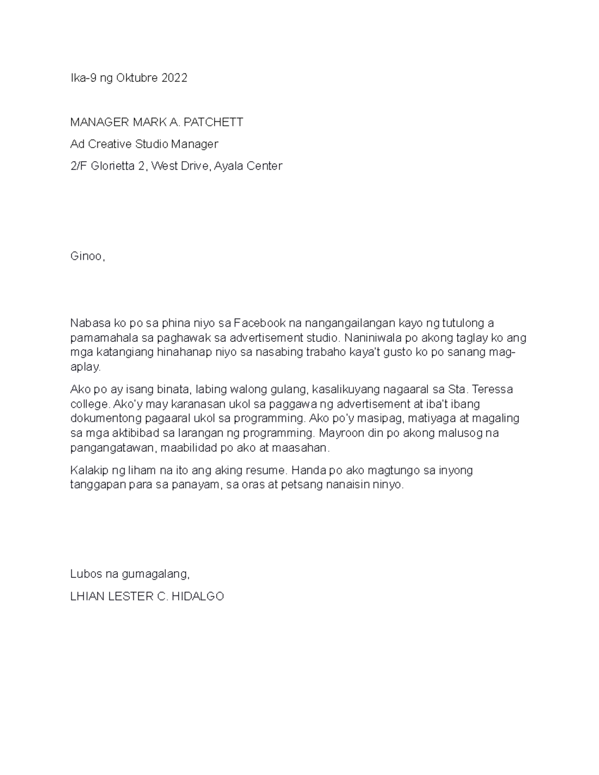 Liham - Ika-9 ng Oktubre 2022 MANAGER MARK A. PATCHETT Ad Creative Studio Manager 2/F Glorietta ...