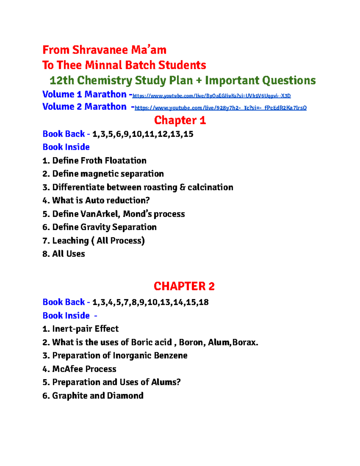 12th Chemistry Important Questions: Study Plan for Minnal Batch ...