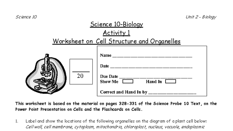 Science 10 Unit 2 Biology: Cell Structure & Organelles Worksheet - Studocu