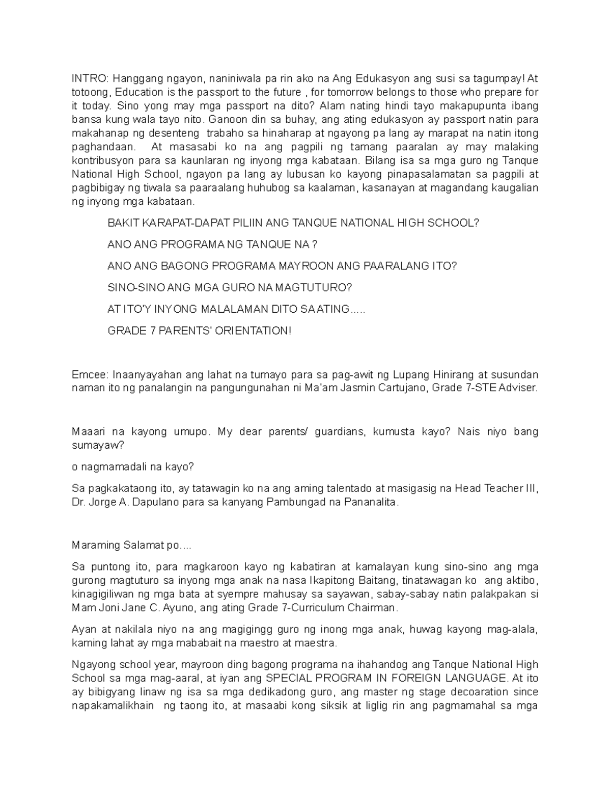 Tanque National High School Grade 7 Parents' Orientation Script - Studocu