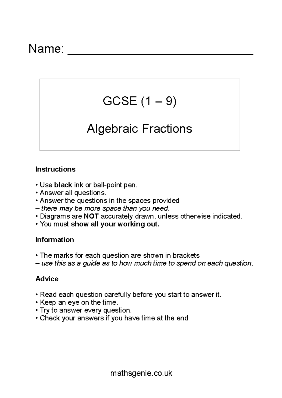 GCSE (1 9) Algebraic Fractions Practice Questions and Instructions ...