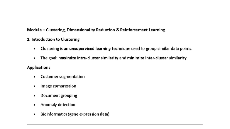 Unsupervised Learning & Reinforcement Learning Overview (CS101) - Studocu