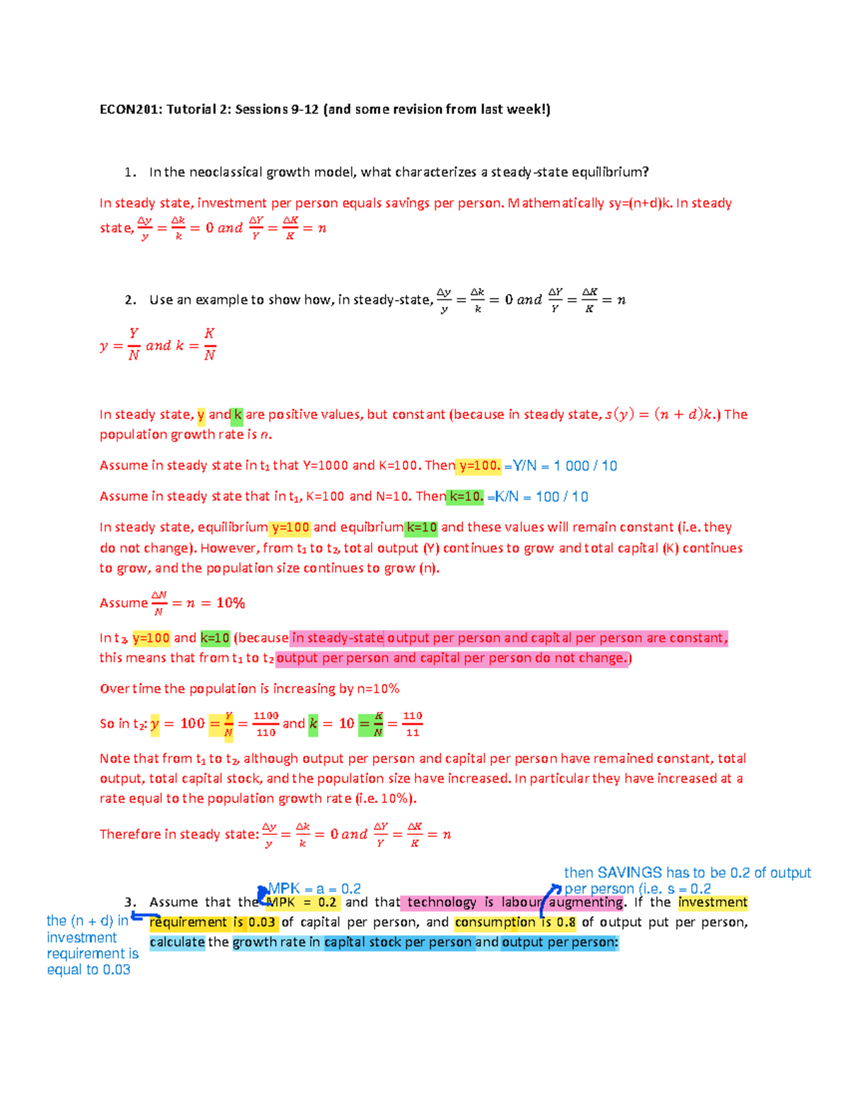 ECON201: Tutorial 3 Solutions on Neoclassical Growth Model and ...