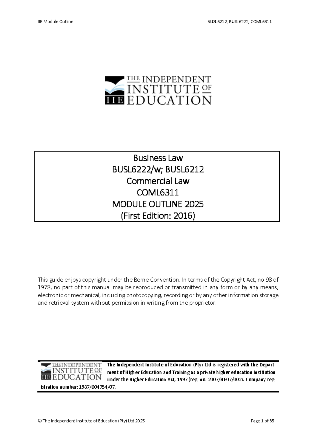 IIE Module Outline COML6311 & BUSL6212: Business & Commercial Law 2025 ...