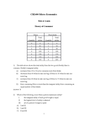 Lecture 4 exercises - Lec 4 exercise - CB2400 Micro-Economics Theory of Consumer Fritos Fruit ...