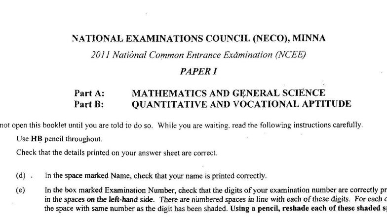 2011 NECO National Common Entrance Exam: Mathematics & Science Paper I ...